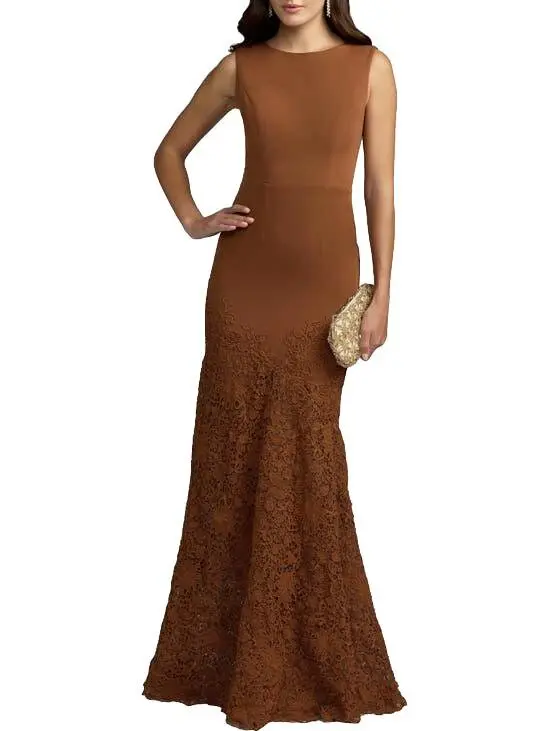 Mac Duggal Sleeveless Boat Neck Lace Mermaid Gown - Nutmeg