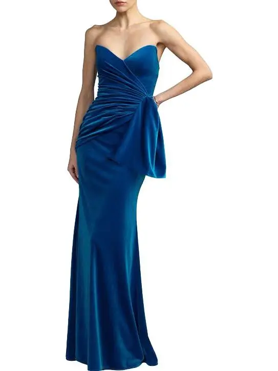 Mac Duggal Strapless Velvet Draped Column Gown - Cobalt