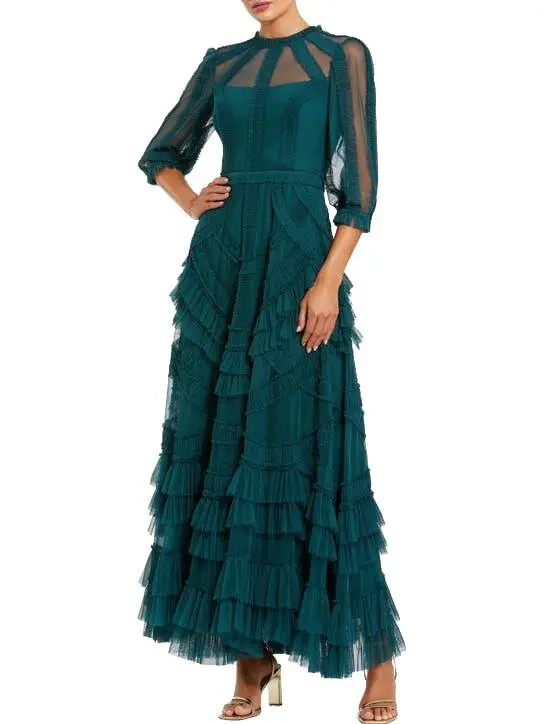 Mac Duggal Petite 3/4 Puff Sleeve Mesh Micro Ruffle Gown - Teal