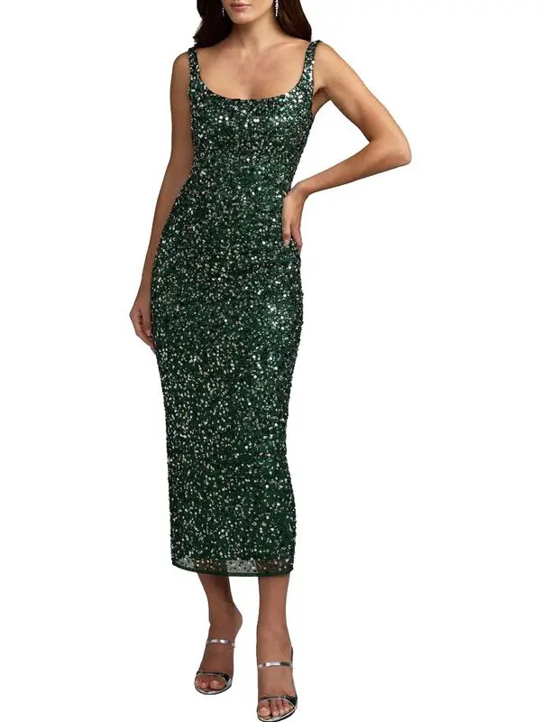 Mac Duggal Sleeveless Scoop Neck Sequin Ankle Dress - Emerald