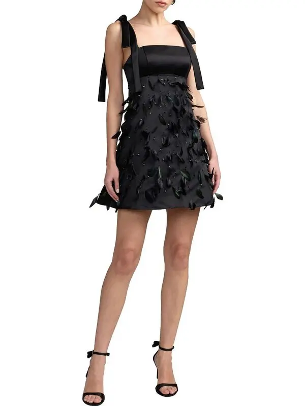 Mac Duggal Square Neck Tie Strap Feather Detail Dress - Black