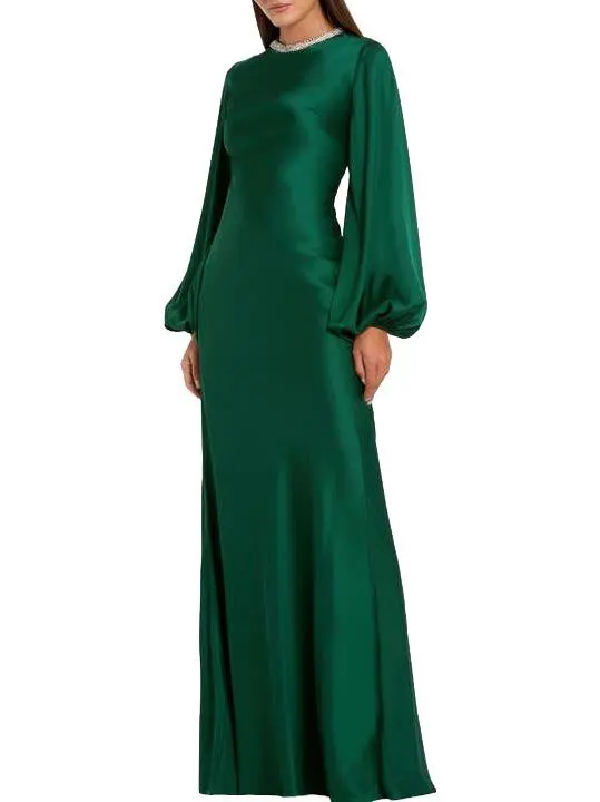 Mac Duggal Beaded High Neck Bishop Sleeve Satin Gown - Emerald