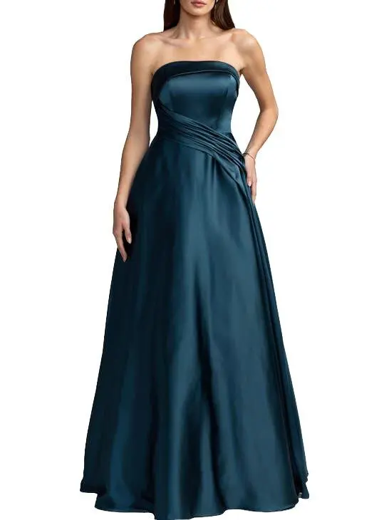 Mac Duggal Satin Strapless Ballgown With Pockets - Navy