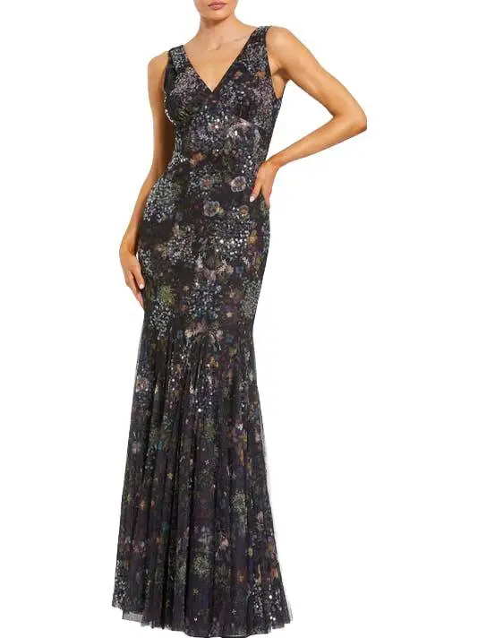 Mac Duggal Embellished Floral Sleeveless V-back Gown - Black Multi