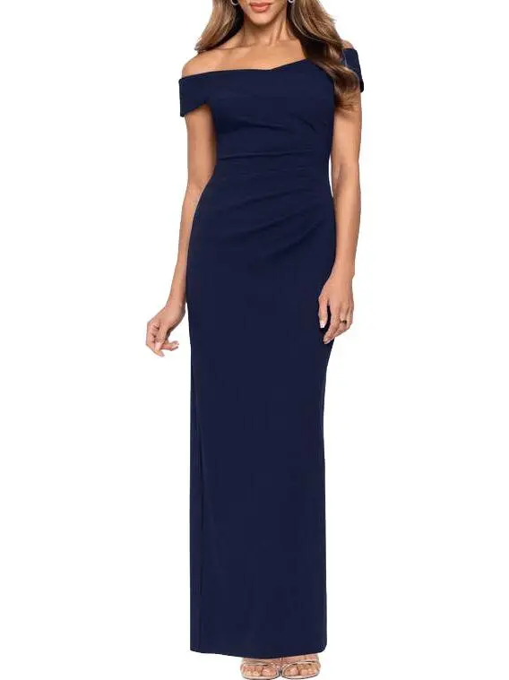 XSCAPE EVENINGS Off-the-shoulder Ruched Scuba-knit Gown - Navy