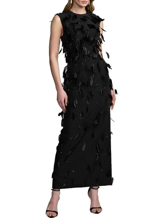 Mac Duggal High Neck Sleeveless Feather Embellished Dress - Black