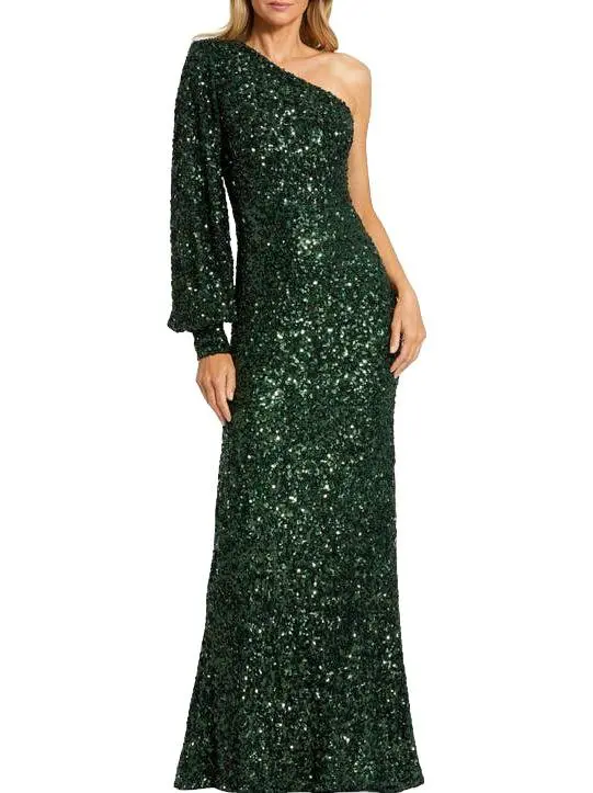 Mac Duggal Sequined One Shoulder Bishop Sleeve Trumpet Gown - Emerald