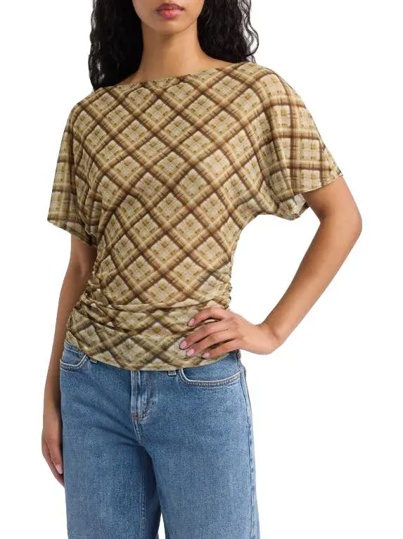 BDG URBAN OUTFITTERS Slash Neck Ruched Mesh Top - Green Check
