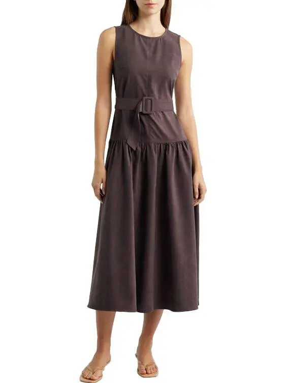 ZOE AND CLAIRE Belted Drop Waist Midi Dress - Brown