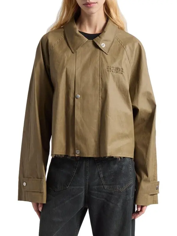 MAISON MARGIELA Cropped Sports Jacket With Raw Hem And Logo Detail - Khaki