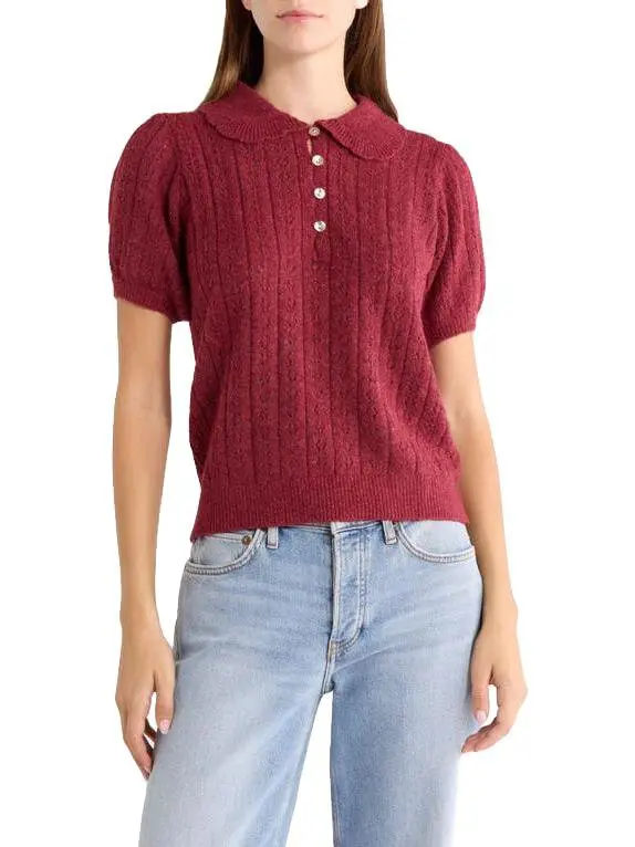Marine Layer Sophie Pointelle Knit Polo Sweater - Cabernet
