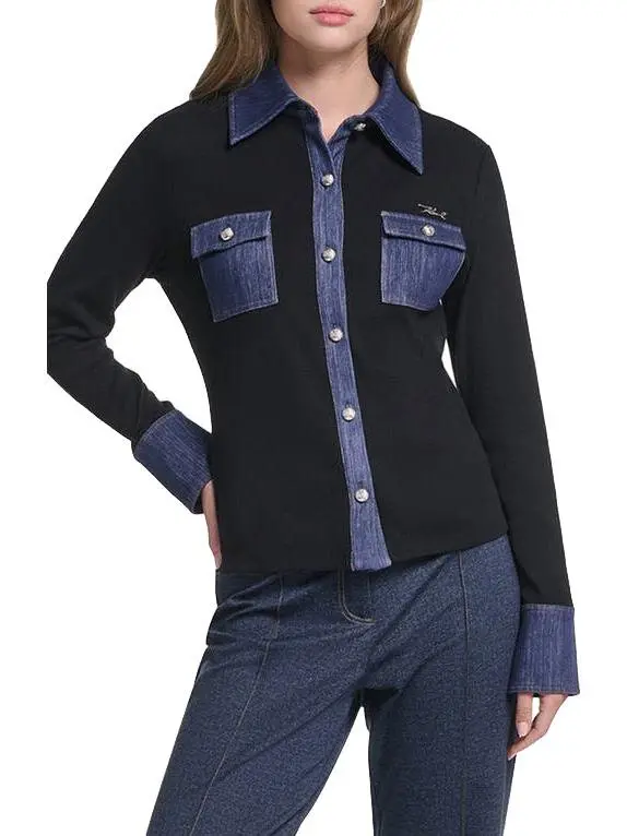 Karl Lagerfeld Paris Denim Accent Knit Shirt - Black