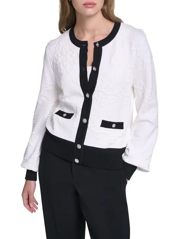 Karl Lagerfeld Paris Jacquard Pattern Crewneck Cardigan - Soft White/black