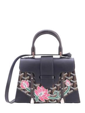 Goyard Structured Saigon Top Handle Bag Embroidered Coated Canvas With Leather Mini - Black