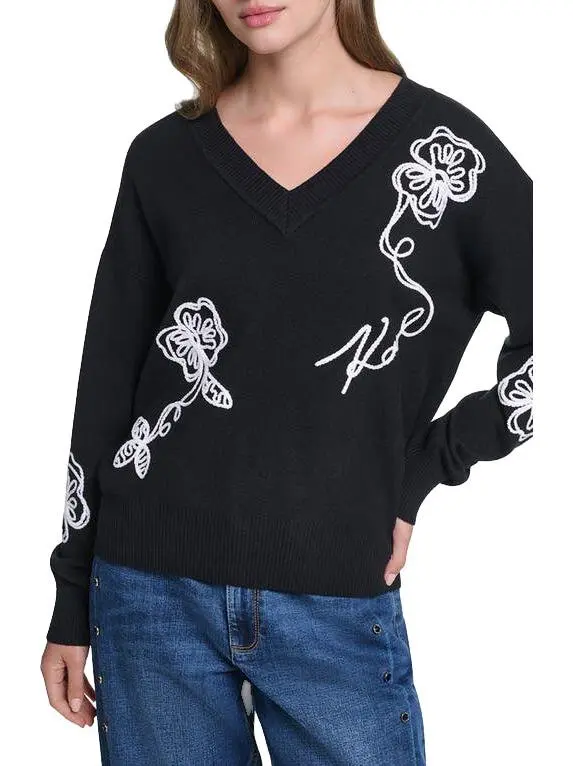 Karl Lagerfeld Paris Floral Embroidered V-neck Sweater - Black/soft White