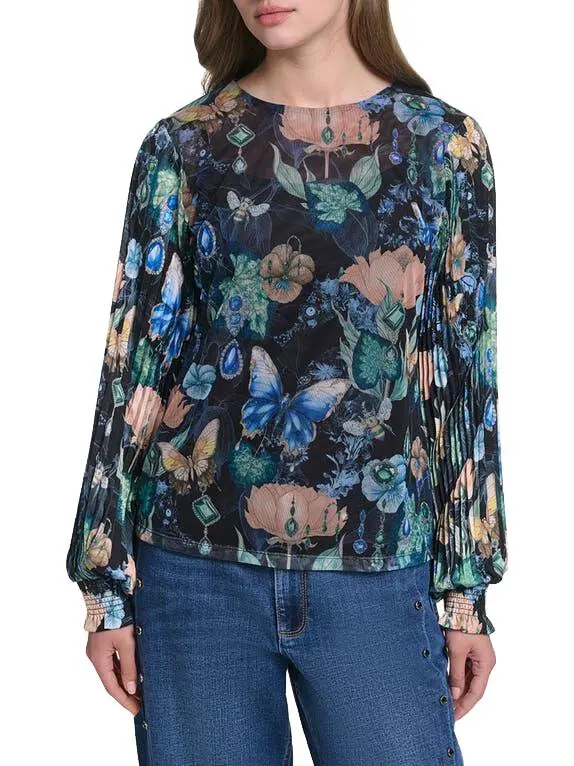 Karl Lagerfeld Paris Floral Long Sleeve Knit Top - Black Multi