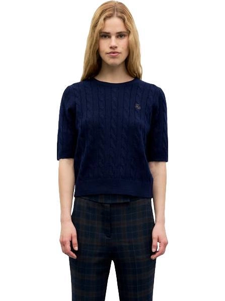 Gerard Darel Raisa Cable Knit Short Sleeve Sweater - Navy Blue