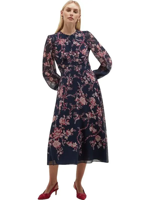 HOBBS LONDON Demi Floral Print Silk Midi Dress - Midnightmulti