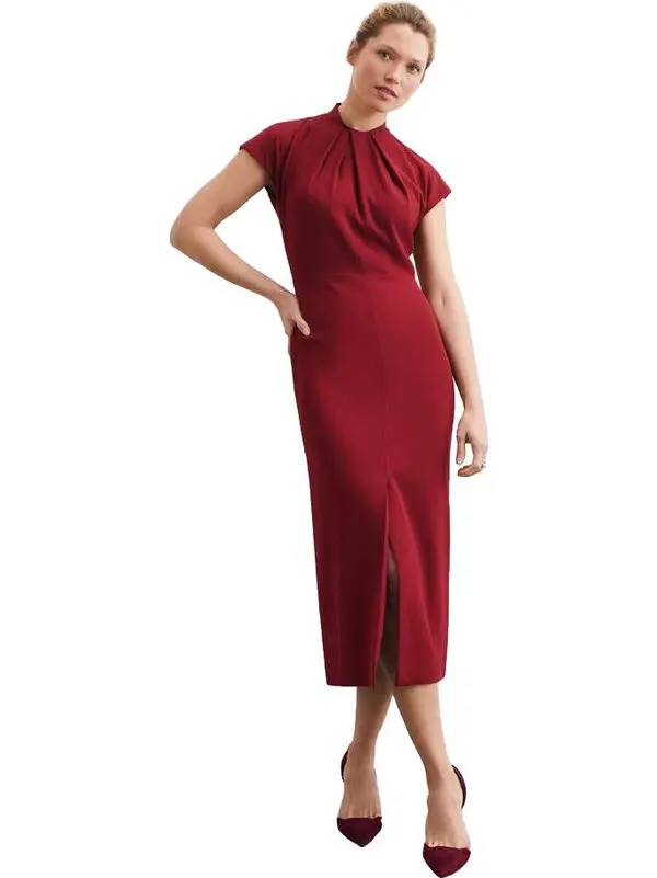 The Fold Rossano Short Sleeve High Neck Midi Dress - Red