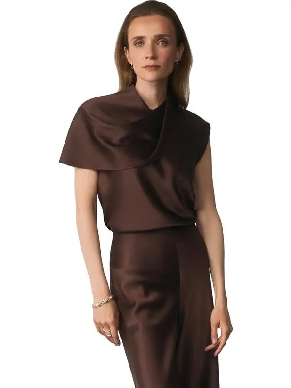 The Fold Ocana Asymmetric Sleeve Satin Blouse - Brown