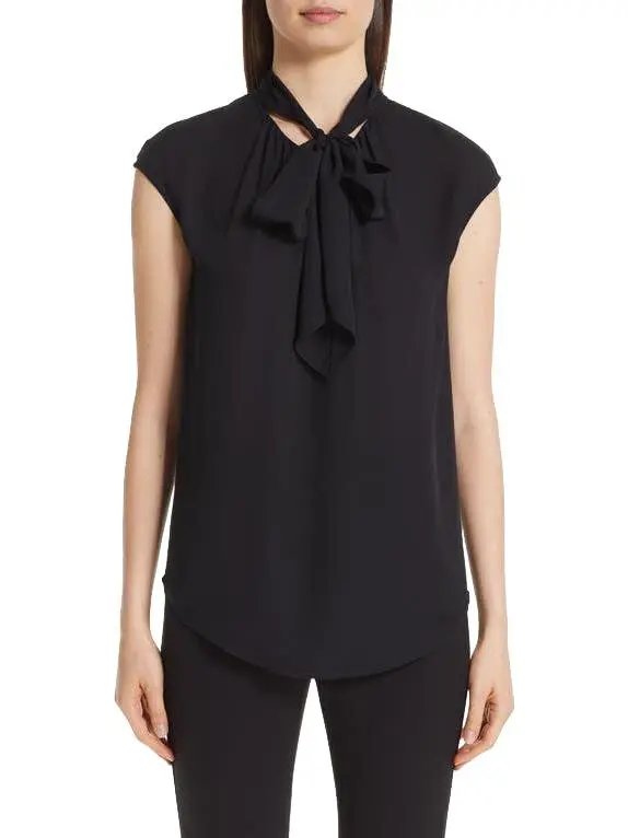 St. John Tie Neck Double Silk Georgette Shell - Caviar