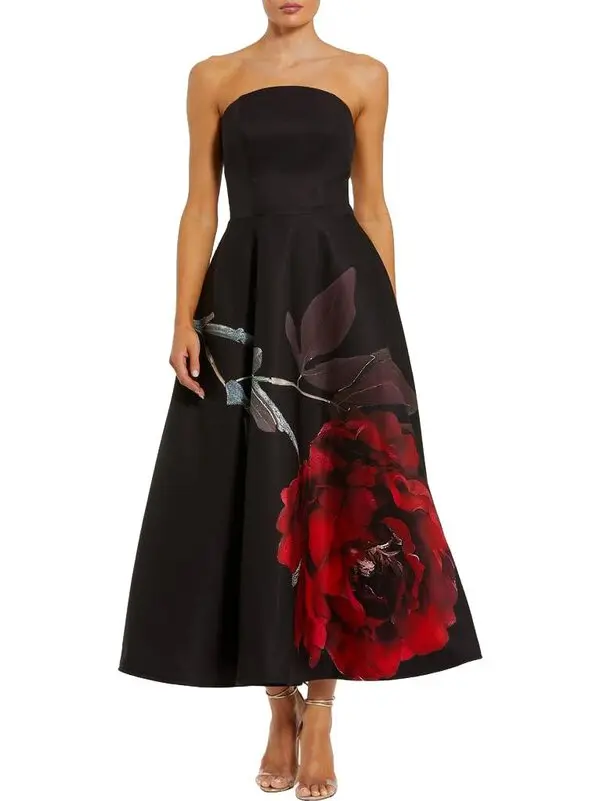 Mac Duggal Petite Strapless Floral Print A-line Midi Dress With Pockets - Black Rose
