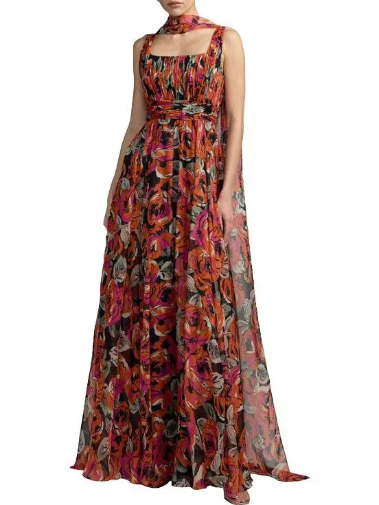 Mac Duggal Floral Chiffon A-line Gown With Scarf - Rose