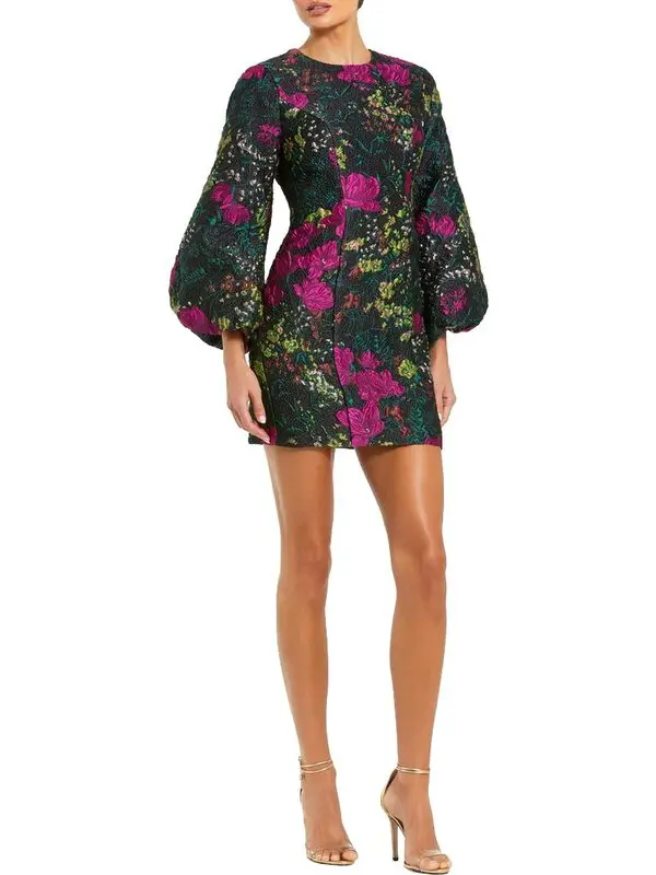 Mac Duggal Floral Brocade Puff Sleeve Fitted Mini Dress - Black Multi
