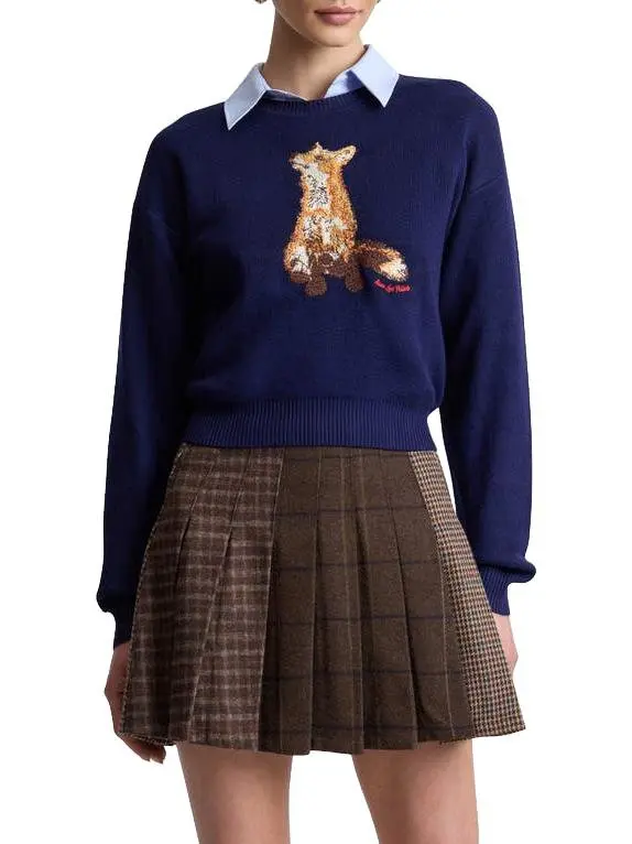Avec Les Filles Fox Embroidered Crewneck Sweater - Navy Fox