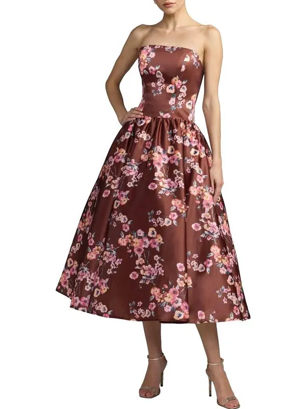 Mac Duggal Strapless Floral Satin Tea-length Ball Dress - Bordeaux Multi
