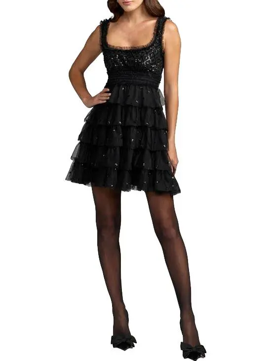 Mac Duggal Sequin Tiered Ruffle Mini Dress - Black