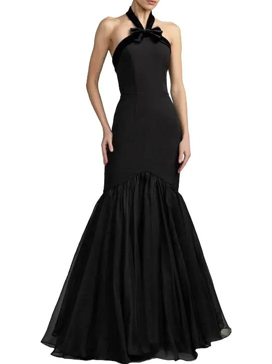Mac Duggal Halter Neck Mermaid Gown With Bow Detail - Black