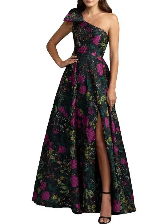 Mac Duggal Petite One Shoulder Floral Brocade Ball Gown With Bow - Black Multi