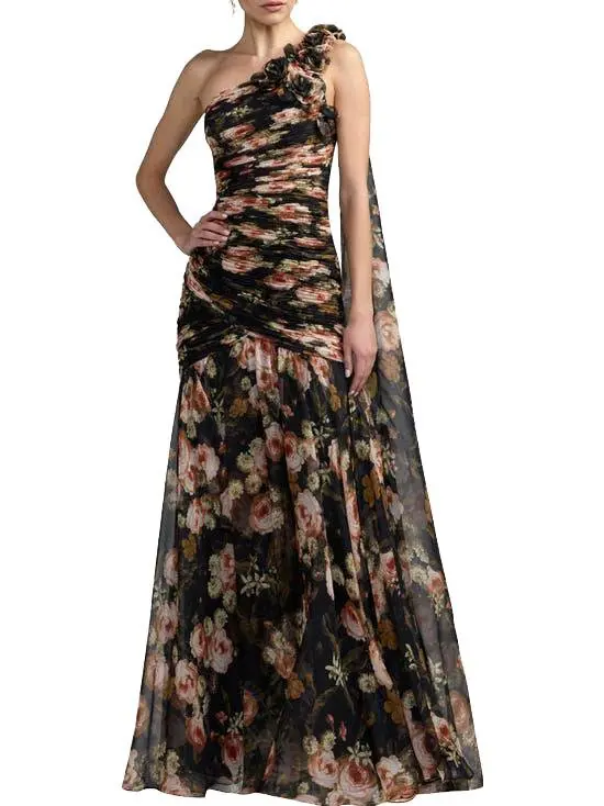 Mac Duggal Floral One-shoulder Ruched Chiffon Gown - Black Multi