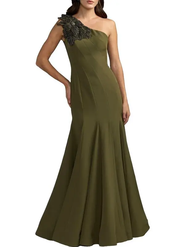 Mac Duggal Crepe One Shoulder Gown With Flower - Olive
