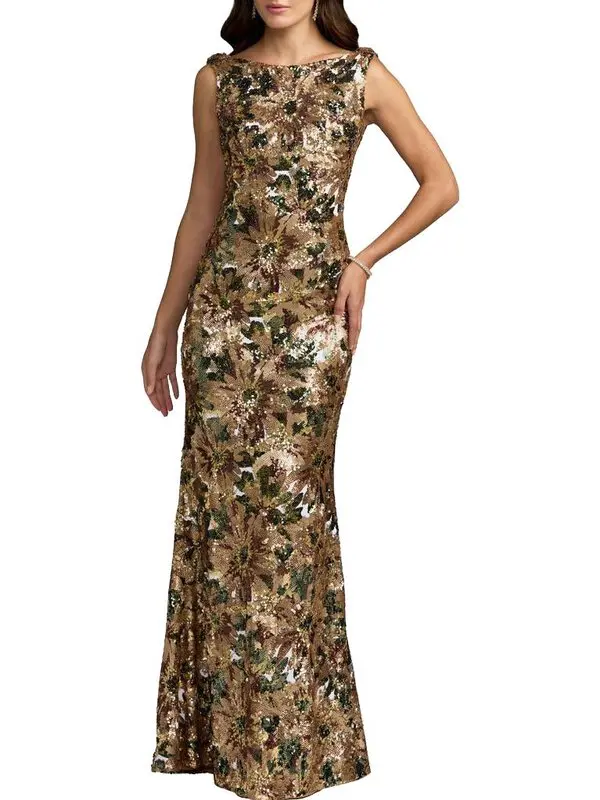 Mac Duggal Floral Sequin Mermaid Gown With Cowl Back - Chocolate Multi