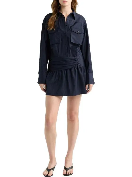 ROWING BLAZERS Pinstripe Long Sleeve Wool Blend Mini Shirtdress - Navy