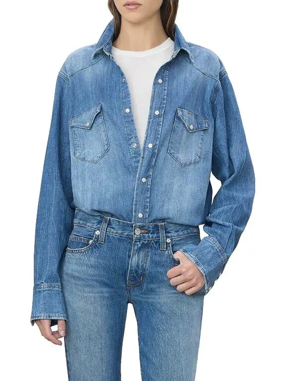 Eterne Ellis Snap Half-placket Cotton Shirt - Medium Indigo