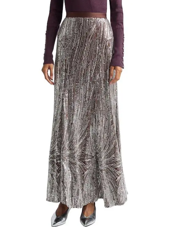 Rabanne Beaded Long Fluid Skirt - Silver/brown