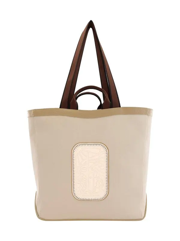 BEHNO Maison Large Canvas & Leather Tote - Sand/ecru