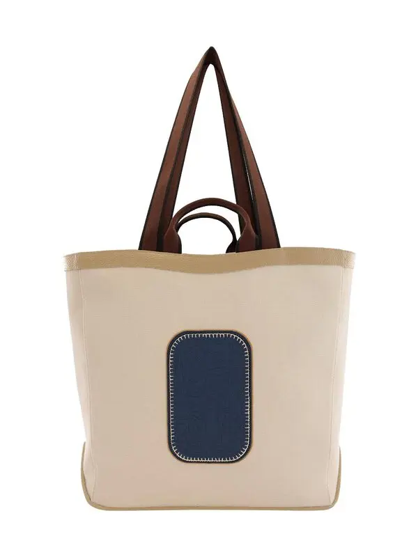 BEHNO Maison Large Canvas & Leather Tote - Sand/navy