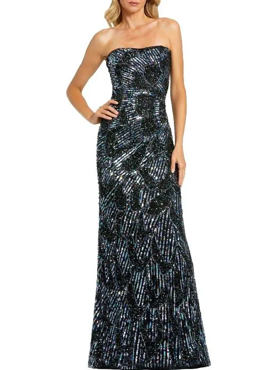 Mac Duggal Strapless Embellished Abstract Column Gown - Black Multi