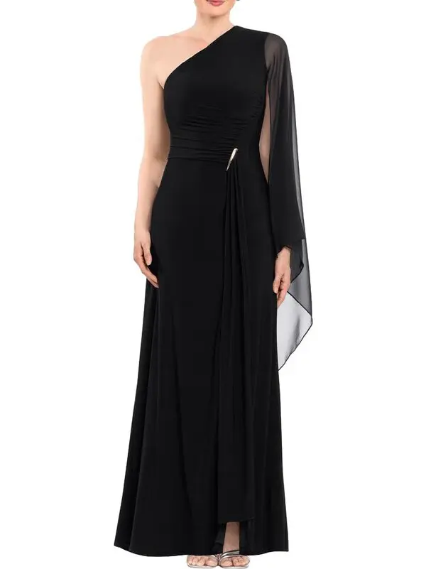 Betsy & Adam One Shoulder Chiffon Trim Maxi Dress - Black
