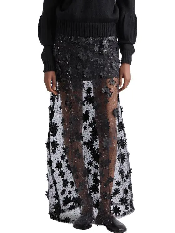 KUR Floral Appliqué Mesh Wrap Maxi Skirt - Black