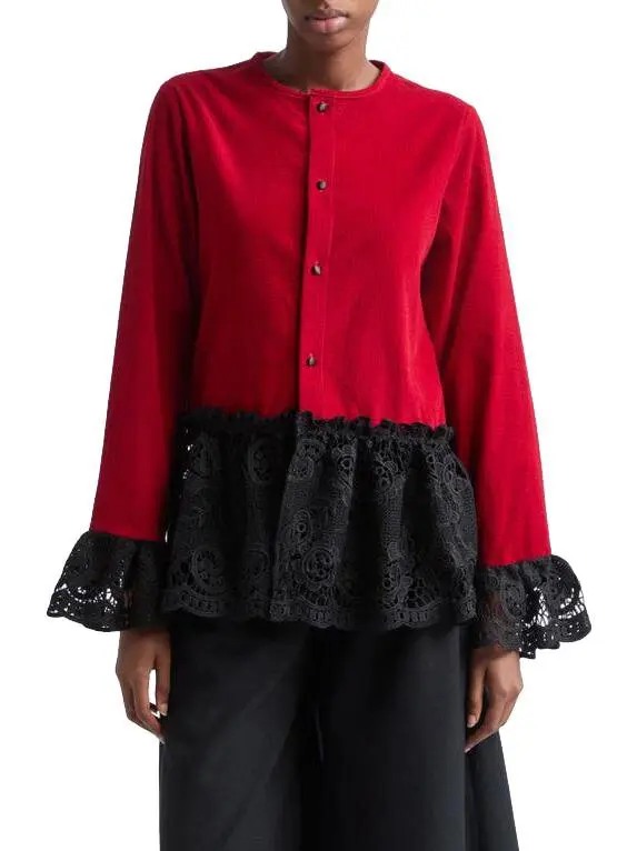 KUR Ripple Corduroy Blouse With Lace Trim - Red
