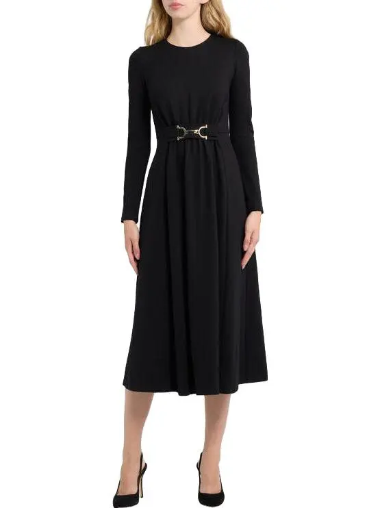 Anne Klein Long Sleeve Fit & Flare Midi Dress - Black