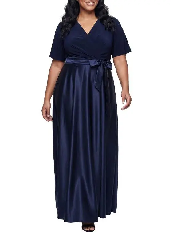 Alex Evenings Mixed Media Surplice Neck Gown - Navy