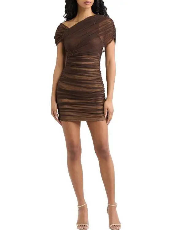 Line & Dot Marceline Mesh Panel Short Sleeve Minidress - Brown