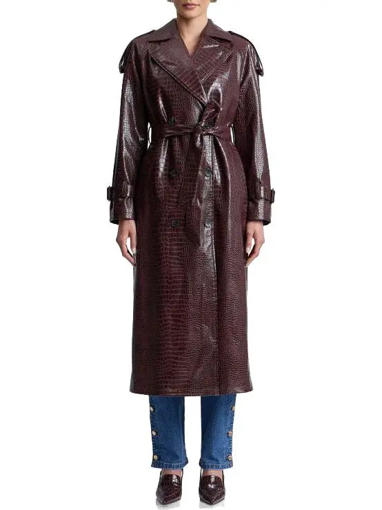 Avec Les Filles Croc Embossed Faux Leather Maxi Trench Coat - Dark Red
