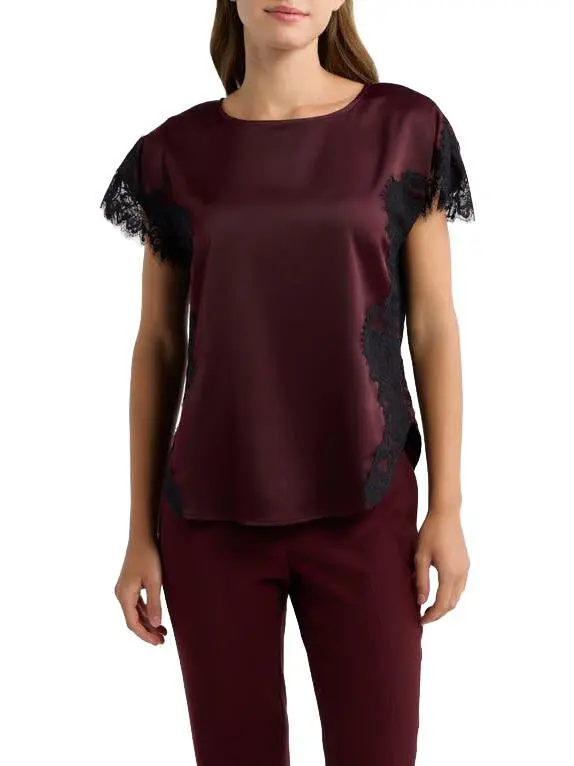 Anne Klein Lace Trim Satin Top - Barolo/black